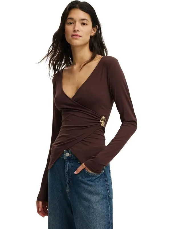 COTTON ON Trim Detail Long Sleeve Wrap Top - Dark Oak