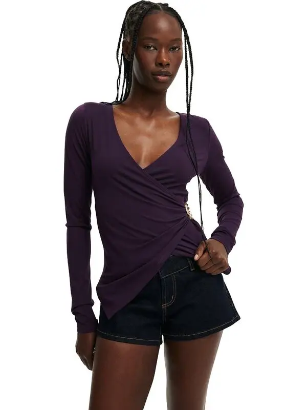 COTTON ON Trim Detail Long Sleeve Wrap Top - Velvet Current