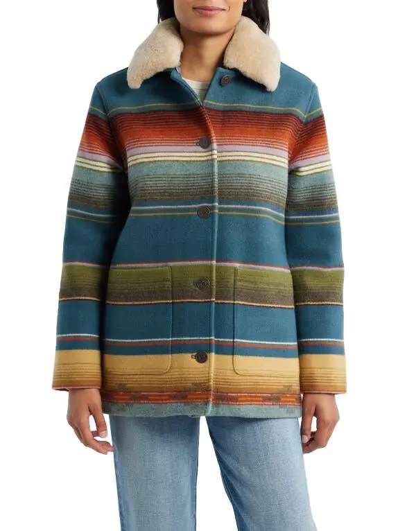 Pendleton Brownsville Virgin Wool & Cotton Coat With Genuine Shearling Collar - Tumalo Teal