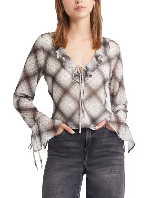 OPEN EDIT Ruffle Chiffon Top - Grey Reese Plaid