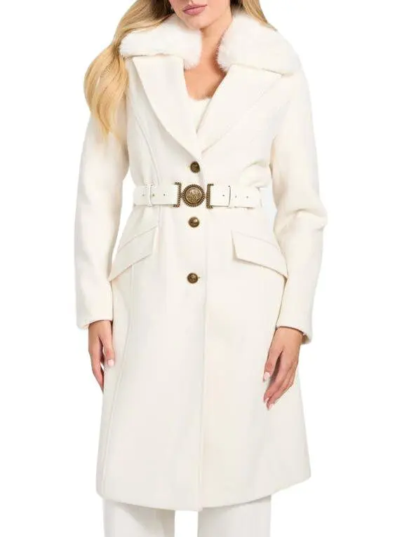 Guess Belted Coat With Faux Fur Collar - White