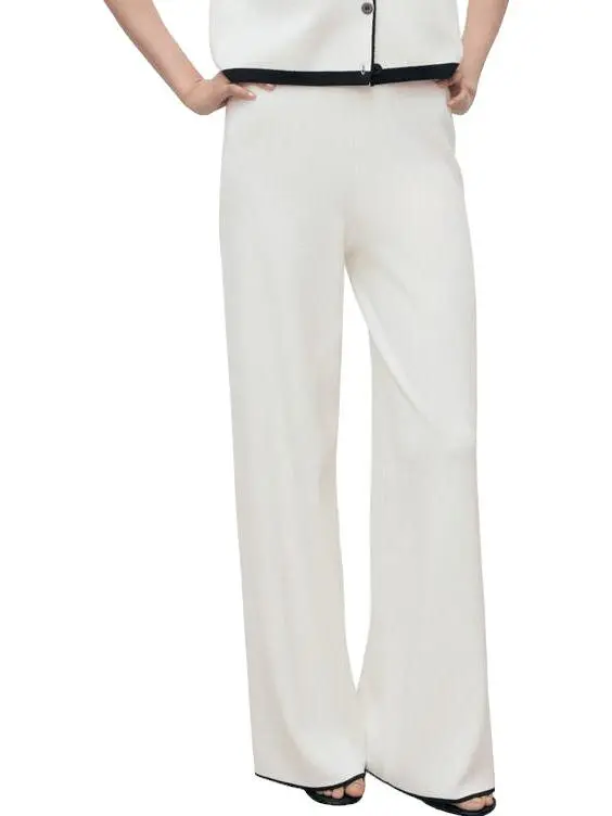 Mango Contrast Hem Knit Pants - Ecru