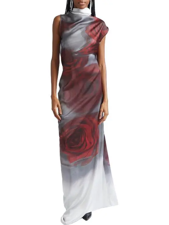 Jean Paul Gaultier Roses Draped Satin Dress - White/grey/red