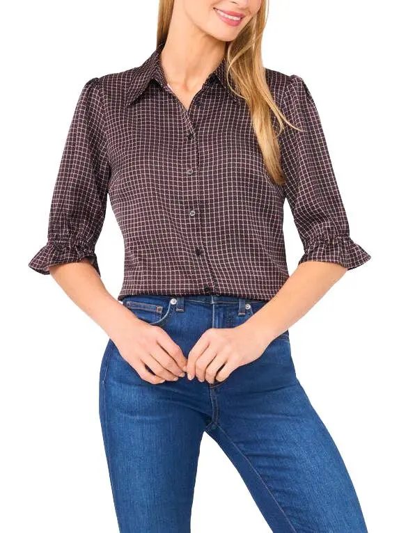 CECE DUPRAZ Geo Print Elbow Sleeve Button-up Shirt - Rich Black