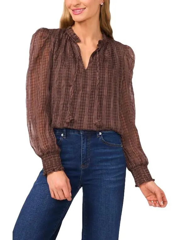 CECE DUPRAZ Mixed Print Split Neck Top - Mocha