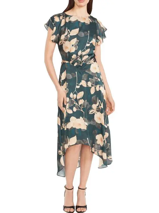Maggy London Floral Cap Sleeve Asymmetric Midi Dress - Teal/gold