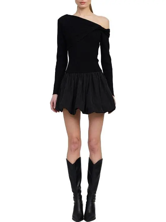 EN SAISON Romilla One-shoulder Mixed Media Mini Dress - Black