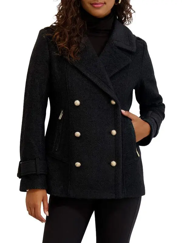 Kensie Bouclé Pea Coat - Black