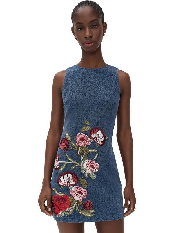 Alice + Olivia Cade Embroidered Sleeveless Denim Mini Dress - Brooklyn Blue/multi