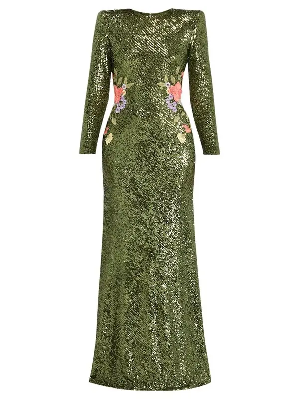 Naeem Khan Sequin-embellished Gown With Floral Embroidery - Green Pattern