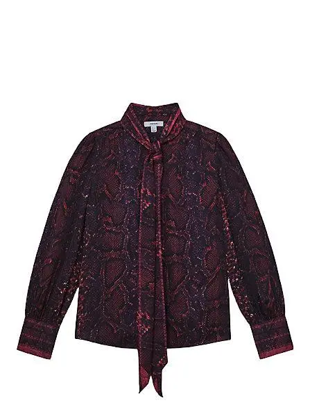 REISS Dana Snake-print Tie-neck Blouse - Burgundy