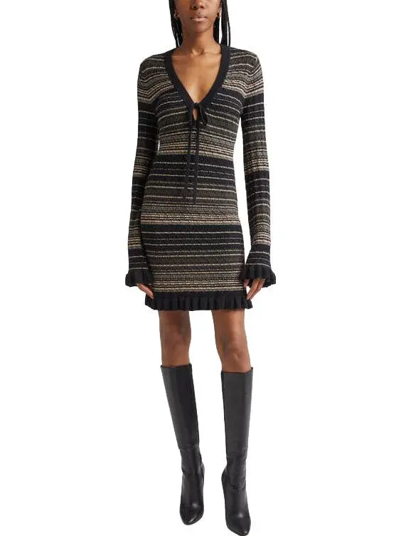 Ramy Brook Mary Stripe Long Sleeve Sweater Dress - Deep Olive Cable