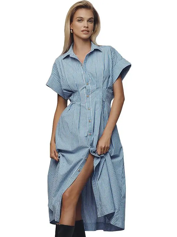 PILCRO Short-sleeve Seamed Midi Shirt Dress - Blue & White Stripe