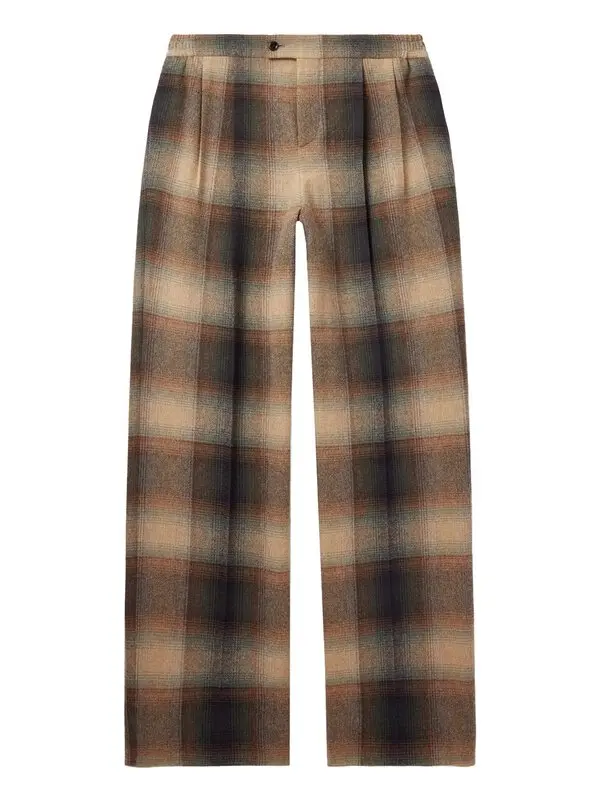 Celine Homme Wide-leg Pleated Checked Wool-flannel Trousers - Brown