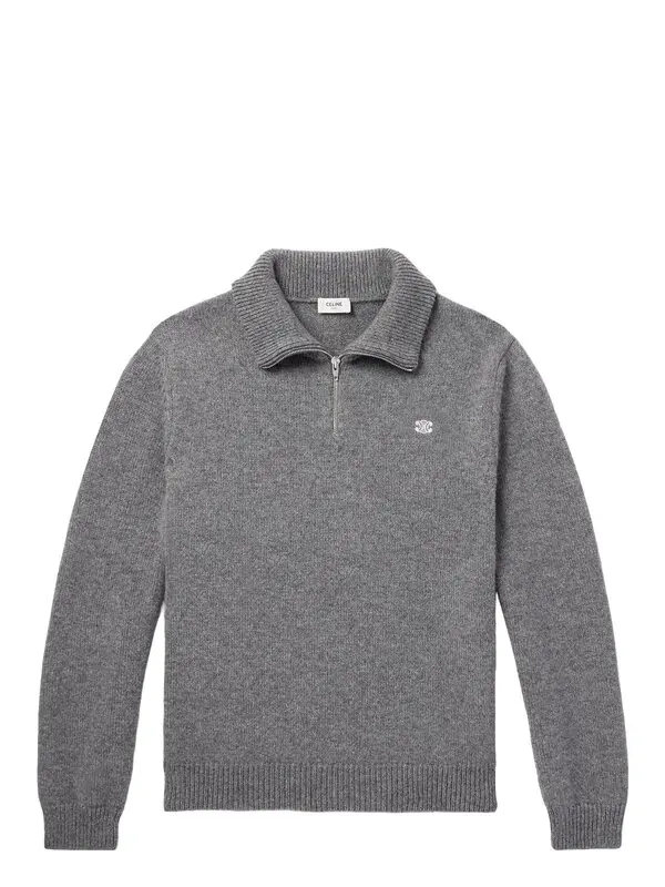 Celine Logo-embroidered Half-zip Sweater - Gray