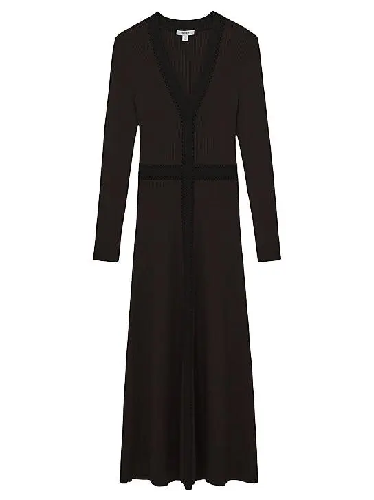 REISS Laura V-neck Knitted Midi Dress - Chocolate Brown Black