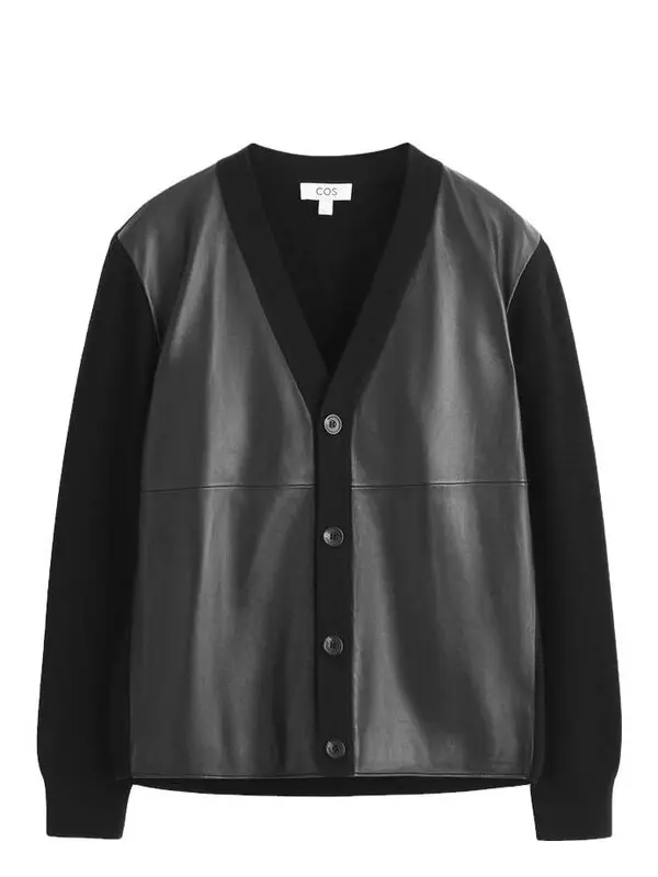 Cos Leather-paneled Wool Cardigan - Black