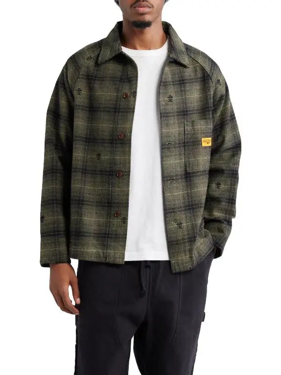 SERVICE WORKS Thistle Plaid Organic Cotton Front Of House Jacket - Olive