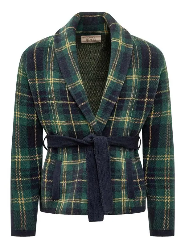 RAKKI Scottish Plaid Cardigan With Belt - Blue