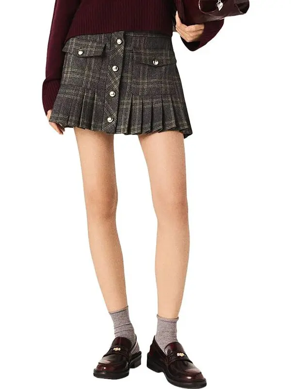 Maje Short Pleated Checked Skirt - Grey