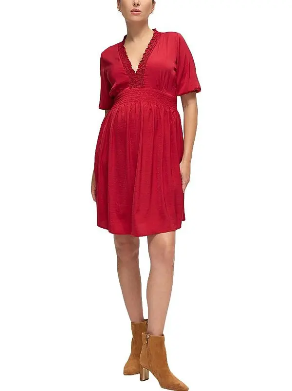Ingrid & Isabel Deep V Smocked Maternity Dress - Rhumba Red
