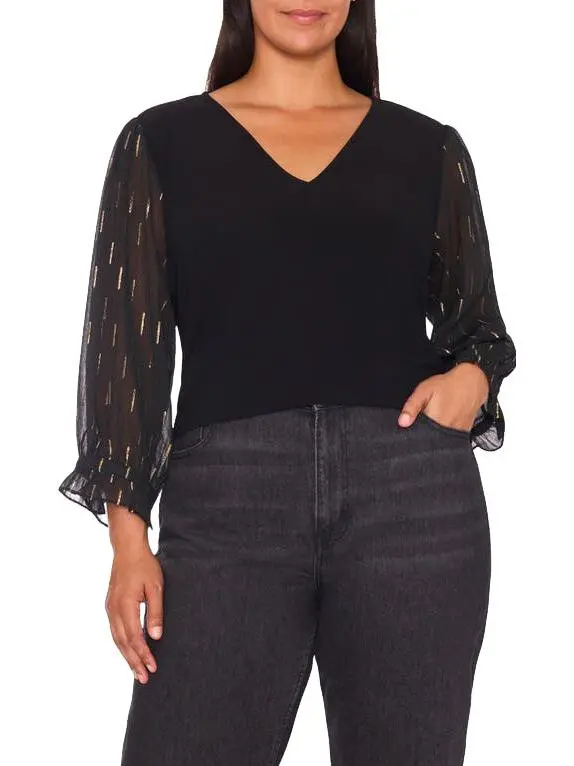 CECE DUPRAZ Foil Clip Sleeve V-neck Mixed Media Top - Rich Black