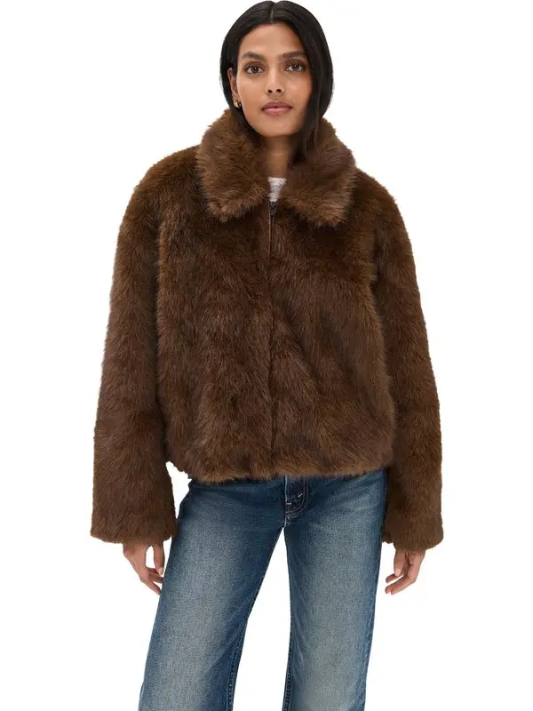 Bardot Sylvie Zip Faux Fur Jacket - Chocolate