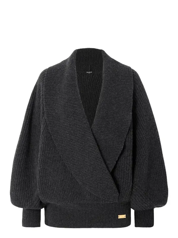 Balmain Wrap-effect Ribbed Wool Sweater - Gray