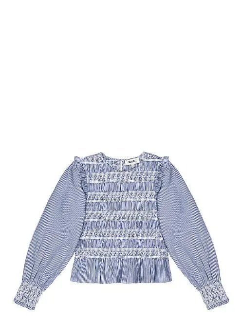 RO&ZO Shirred Embroidered Cotton Blouse - Blue