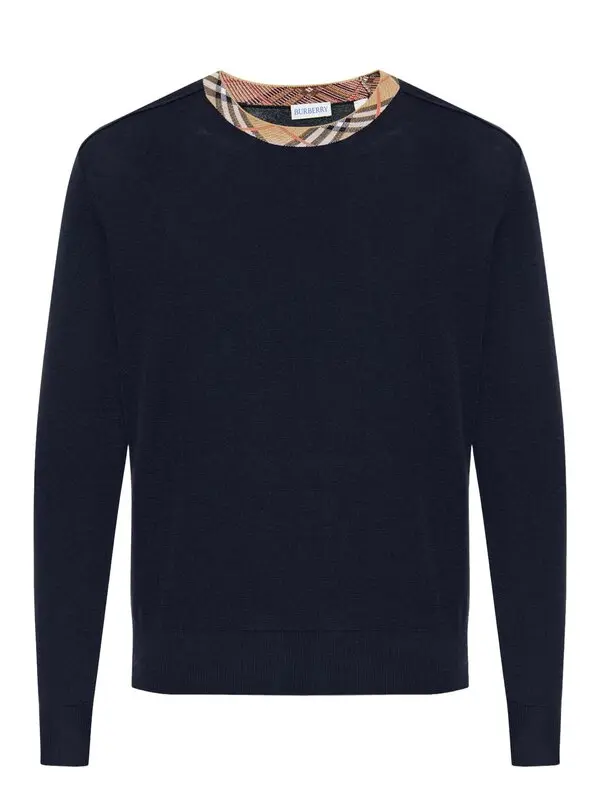 Burberry Wool Sweater With Iconic Check Trim - Navy Blue