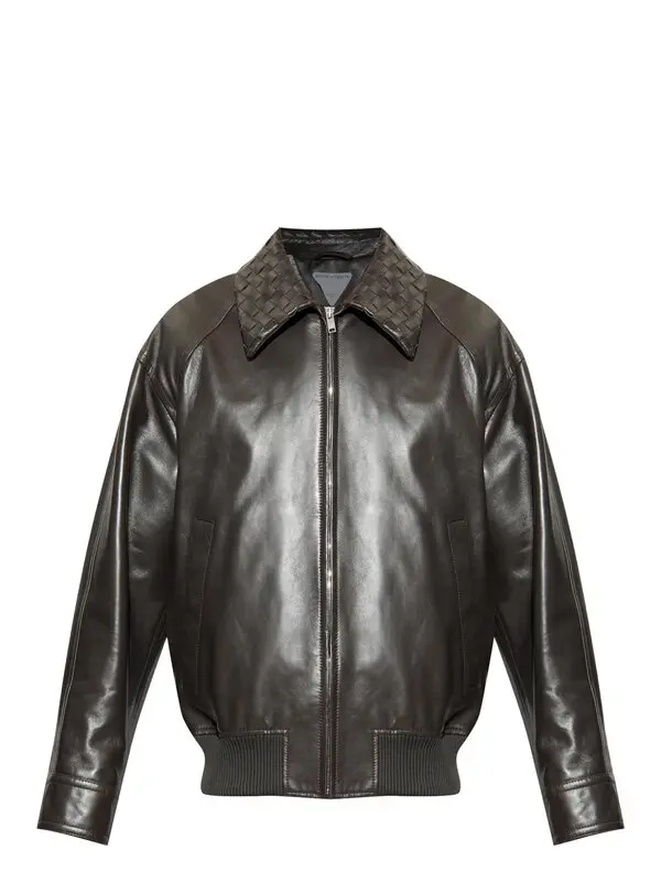 Bottega Veneta Leather Bomber Jacket With Intrecciato Collar - Brown
