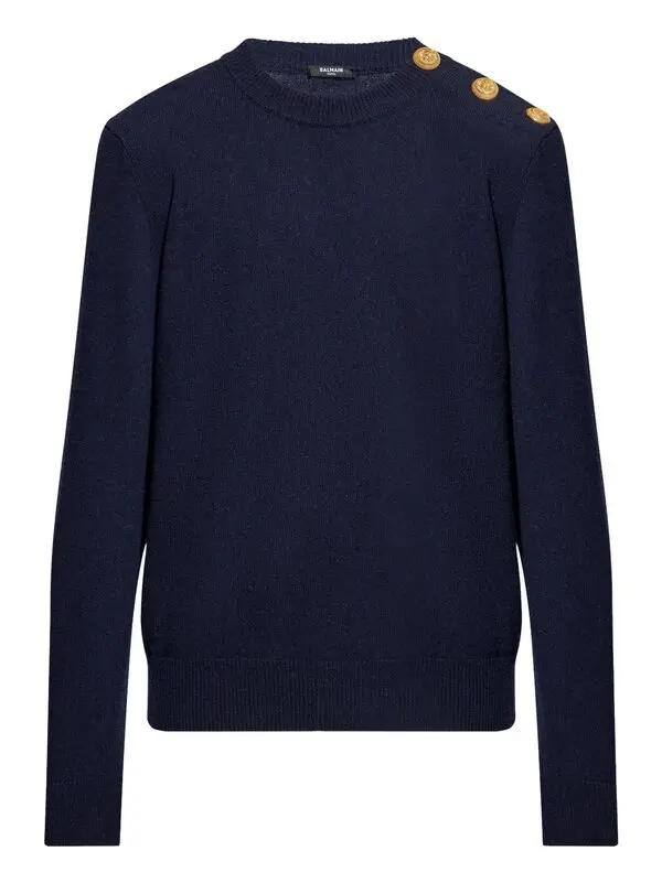 Balmain Cashmere And Wool Sweater With Gold Button Details - Navy Blue