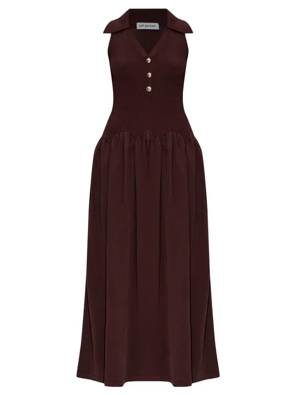 SELF-PORTRAIT Sleeveless Ribbed Dress - Brown