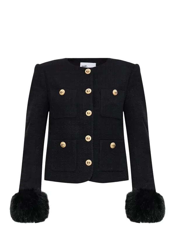 SELF-PORTRAIT Tweed Jacket With Fur Cuffs - Black