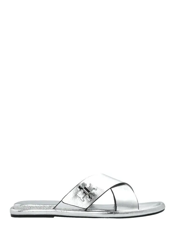 Tory Burch T-lock Leather Slides - Silver
