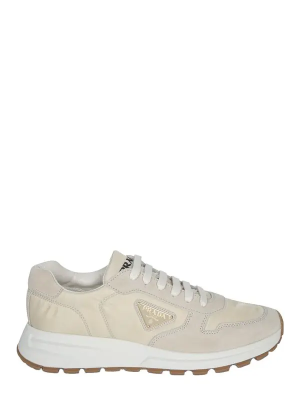Prada Suede And Nylon Sneakers With Golden Logo - White