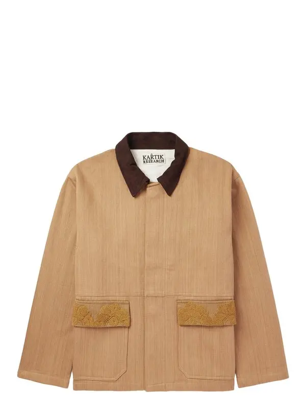 KARTIK RESEARCH Jodhpur Suede-trimmed Embroidered Herringbone Cotton Jacket - Brown
