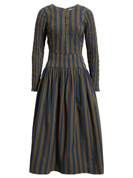 DAMSON MADDER Sienna Stripe Long Sleeve Organic Cotton Dress - Blue/green Multi