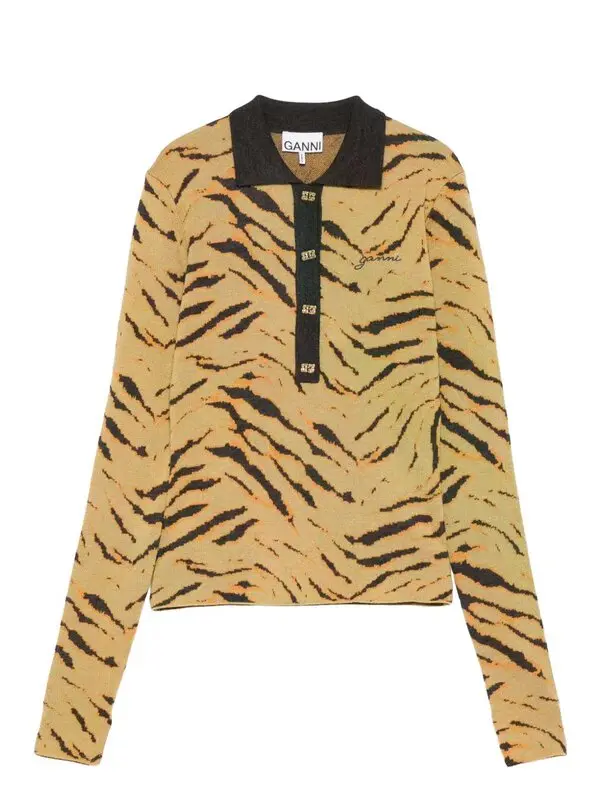 GANNI Zebra-print Merino Polo Top - Neutrals
