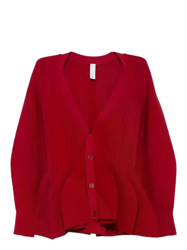 CFCL Ribbed V-neck Peplum Cardigan - Red