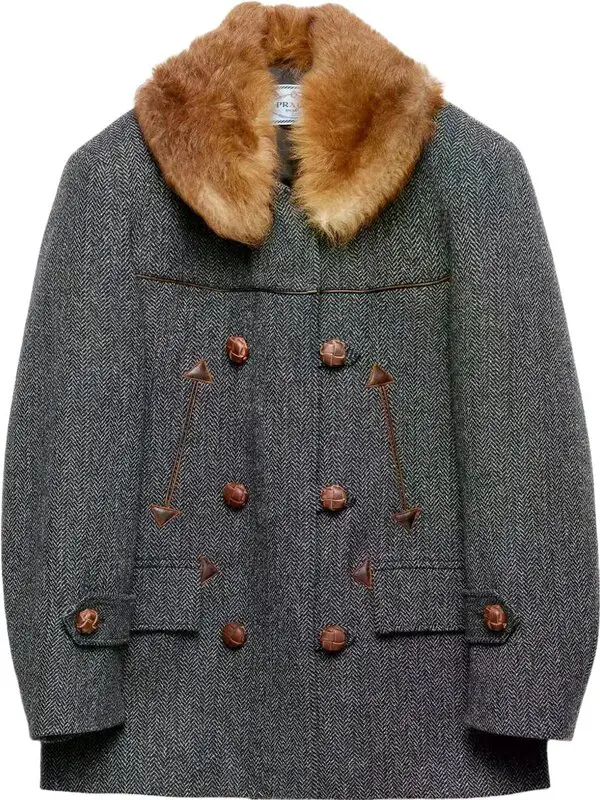 Prada Herringbone Fur-collar Coat - Grey