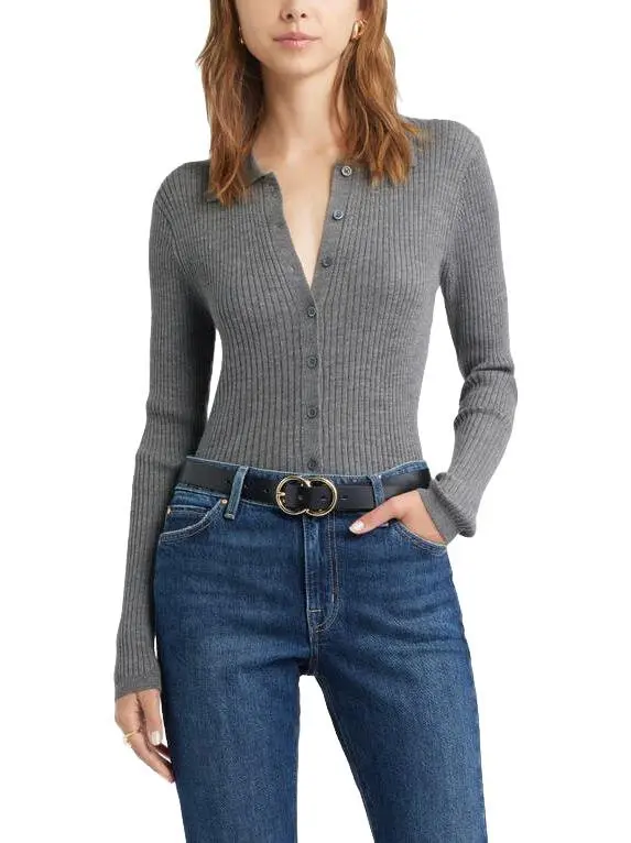 OPEN EDIT Collared Merino Wool Cardigan - Grey Charcoal Heather