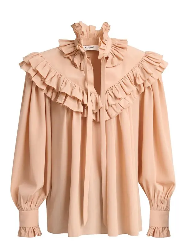 Chloé Ruffle-yoke Silk Blouse - Sand Brown