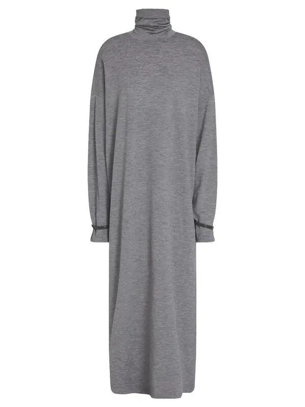 Brunello Cucinelli Bead-embellished Wool-blend Jersey Turtleneck Midi Dress - Gray