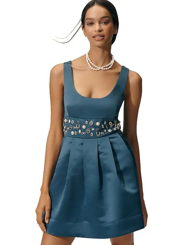 Maeve Satin Belted Mini Dress With Charm Embellishments - Midnight Sail