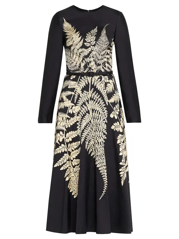 Oscar De La Renta Fern-print Long-sleeve Midi Dress - Black/ecru