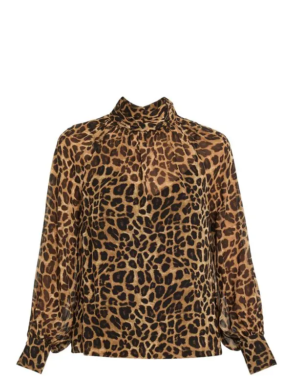 Veronica Beard Alyssa Leopard Print Silk Chiffon Blouse - Dark Acorn