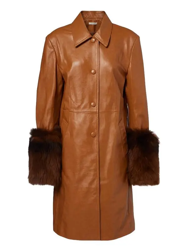 JACQUES WEI Shearling-trimmed Leather Trench Coat - Brown