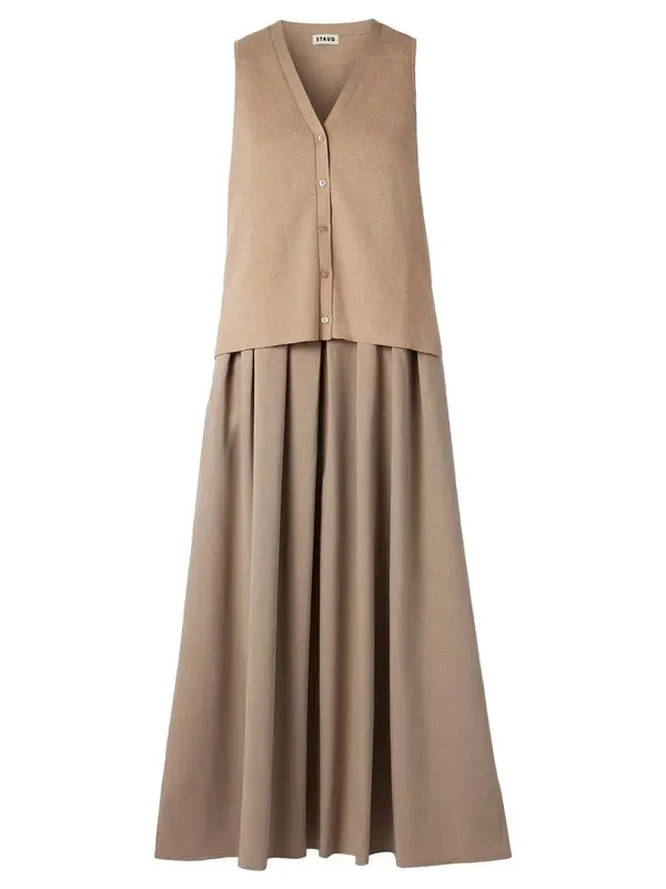 Staud Layered Cotton And Cashmere-blend And Pleated Crepe Midi Dress - Neutrals