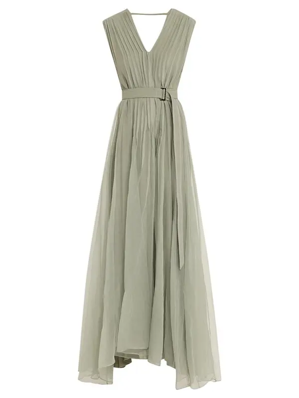 Brunello Cucinelli Crispy Silk Organza Belted Volume Dress - Matcha
